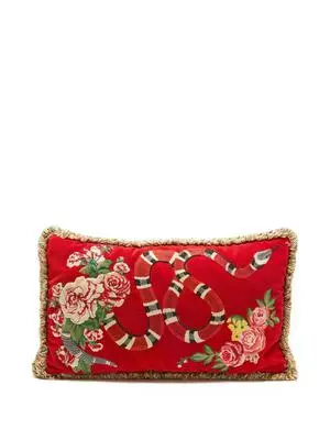Gucci Kingsnake Fringed Velvet Cushion - Red