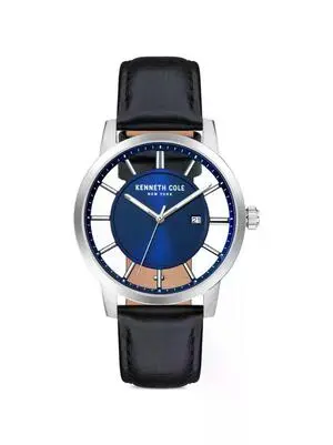 KENNETH COLE Skeleton Dial Watch With Black Leather Strap - Blue