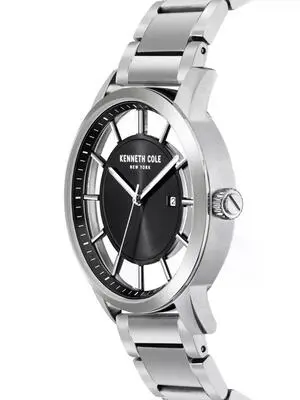 KENNETH COLE Skeleton Dial Watch With Black Leather Strap - Blue