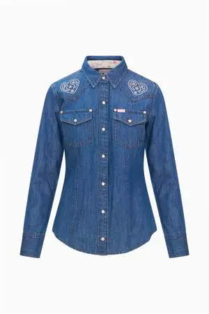 LoveShackFancy Wrangler Western Snap Shirt With Embroidered Yoke - Medium Wash