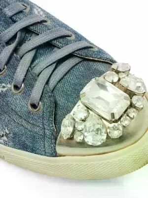 Miu Miu Crystal Embellished Distressed Denim Lace-up Sneakers