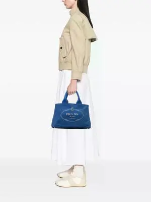 Prada Canapa Logo Tote Satchel - Blue