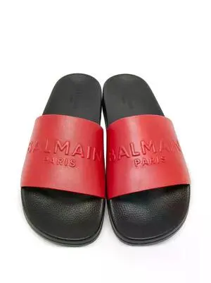 Balmain Logo-embossed Leather Slides