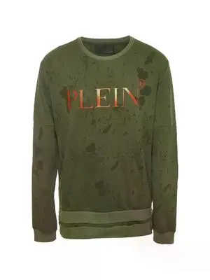 Philipp Plein Distressed Logo Print Crew Neck Sweater With Side Zips