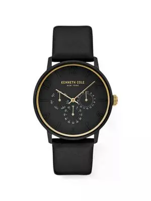 KENNETH COLE Sub-dial Leather 42mm Watch - Black