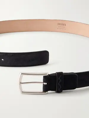 Zegna 3cm Suede Belt With Silver Buckle - Blue