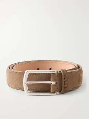 Zegna 3cm Suede Belt With Glazed Silver-Tone Buckle Beige