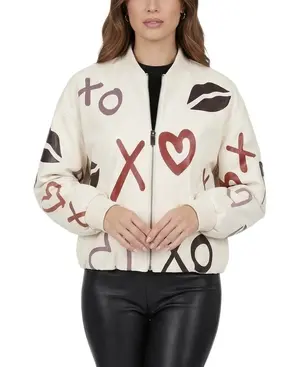 Gorski Nappa Leather Bomber Zip Jacket With Graphic Print