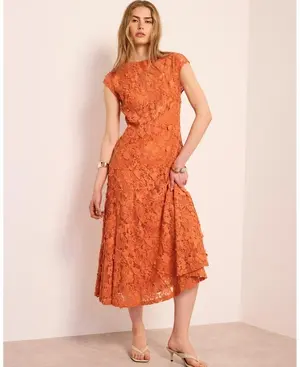 Mint Velvet Sleeveless Applique Lace Midi Dress - Orange