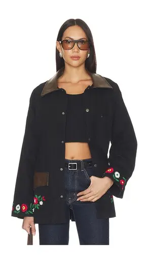 FOUND Canvas Embroidered Work Jacket With Leather Trim