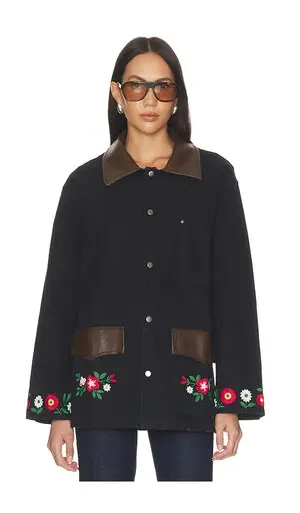 FOUND Canvas Embroidered Work Jacket With Leather Trim