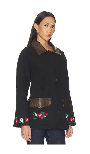 FOUND Canvas Embroidered Work Jacket With Leather Trim