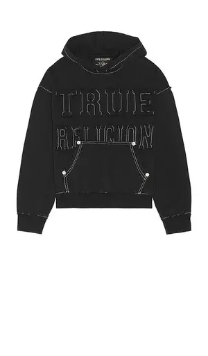 True Religion Applique Big T Boxy Hoodie In Black