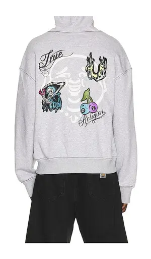 True Religion Buddha Face Big T Boxy Zip Up Hoodie
