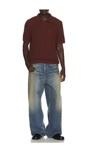 Vince Seed Stitch Rib Short Sleeve Polo Shirt In Red - Deep Satin