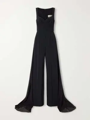 Elie Saab Ruched Chiffon-trimmed Silk-blend Cady Jumpsuit - Black