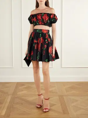 Dolce & Gabbana Off-the-shoulder Cropped Floral-print Cotton-poplin Top - Black