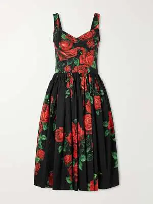 Dolce & Gabbana Floral-print Cotton-poplin Bustier Midi Dress