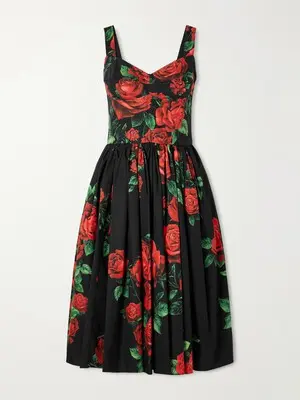 Dolce & Gabbana Floral-print Cotton-poplin Bustier Midi Dress - Black