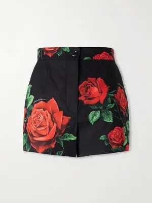 Dolce & Gabbana Floral Print Cotton Poplin Shorts - Black