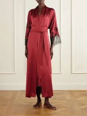 Carine Gilson Belted Lace-embroidered Silk-satin Robe