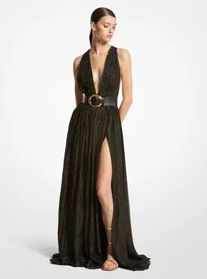 Michael Kors Hutton Metallic Striped Lamé Chiffon Gown In Size By