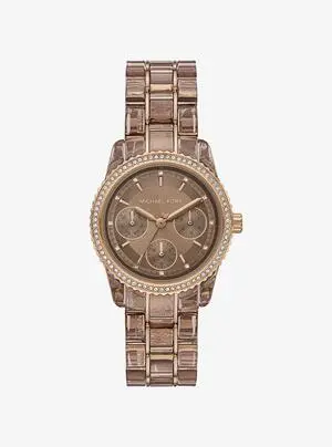Michael Kors Bryant Pavé Beige Gold-tone And Acetate Watch In By - Natural
