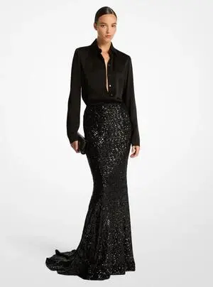 Michael Kors Sequin Embroidered Stretch Fishtail Skirt In Size By - Black