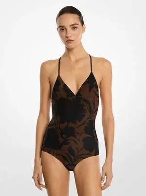 Michael Kors Floral Chiné Crepe Crossback One Piece Swimsuit - Black