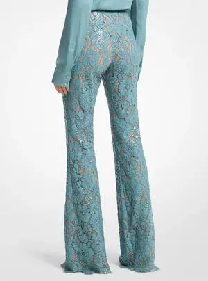 Michael Kors Hand-embroidered Sequin Floral Lace Flared Pants In Size By