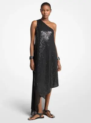 Michael Kors Hand-embroidered Sequin Silk Georgette Asymmetric Dress - Black