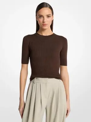 Michael Kors Ribbed Wool Elbow-sleeve Sweater - Brown
