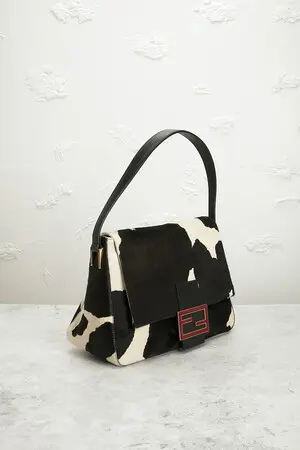 Fendi Pony Hair Mama Baguette Shoulder Bag In & White
