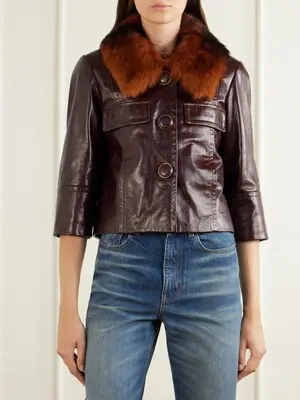 Chloé Cropped Shearling-trimmed Leather Jacket - Purple
