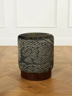SIX THE RESIDENCE Tiger Mountain Jacquard Velvet Wood Pouf - Green