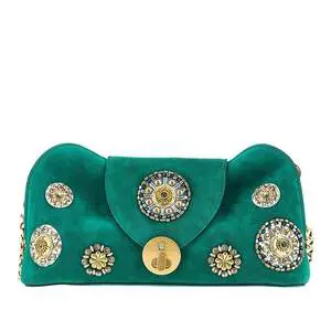 Versace Embroidered Suede Leather 'vivian' Clutch - Green