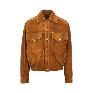 Versace Suede Leather Jacket With Greca Motif Details - Brown