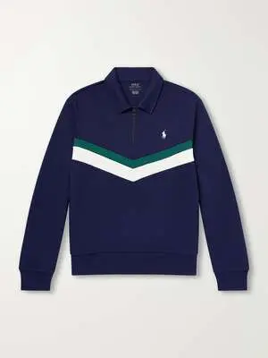 Polo Ralph Lauren Striped Logo-embroidered Cotton-blend Piqué Sweatshirt - Navy