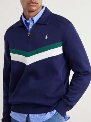 Polo Ralph Lauren Striped Logo-embroidered Cotton-blend Piqué Sweatshirt - Navy