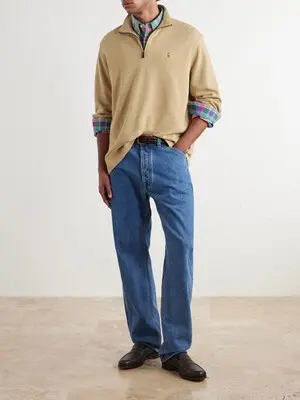 Polo Ralph Lauren Logo-embroidered Cotton-jersey Quarter-zip Sweater - Neutrals