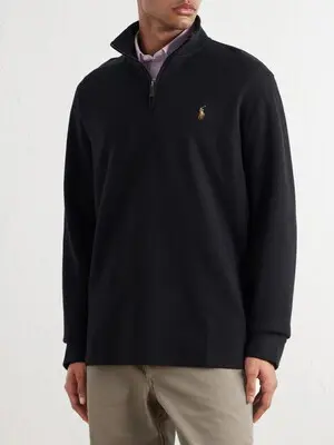 Polo Ralph Lauren Logo Embroidered Ribbed Cotton Half-zip Sweater - Black