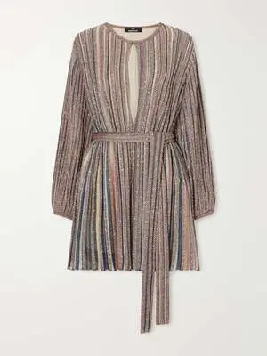 Missoni Belted Sequin-embellished Metallic Crochet-knit Mini Dress