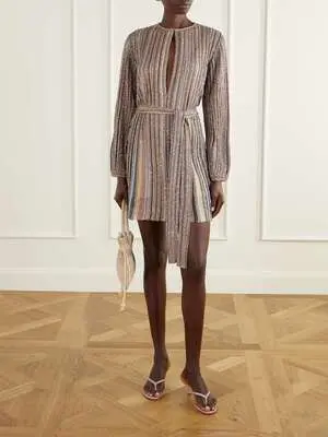 Missoni Belted Sequin-embellished Metallic Crochet-knit Mini Dress