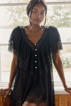 LYREBIRD LyreBird Chiffon Lace-Trim Mini Dress Black