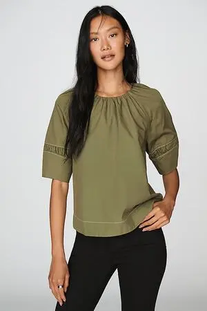Maeve 100% Cotton Smocked Yoke Puff Sleeve Blouse - Moss