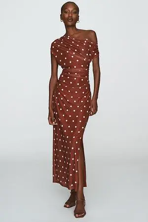 Endless Rose Off-shoulder Polka Dot Mesh Midi Dress - Brown Dot