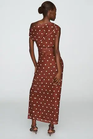 Endless Rose Off-shoulder Polka Dot Mesh Midi Dress - Brown Dot