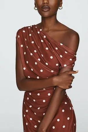Endless Rose Off-shoulder Polka Dot Mesh Midi Dress - Brown Dot