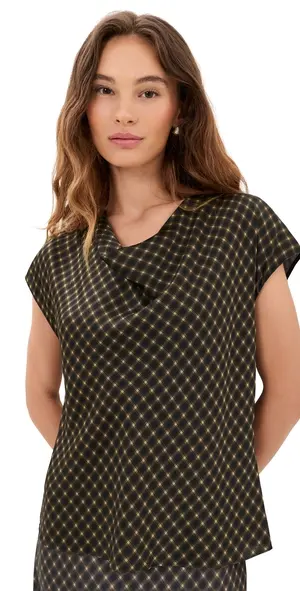 Vince Ombre Plaid Silk Blouse - Black/camel