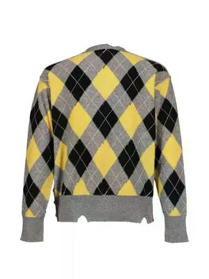 MASU Argyle Intarsia Distressed Cardigan